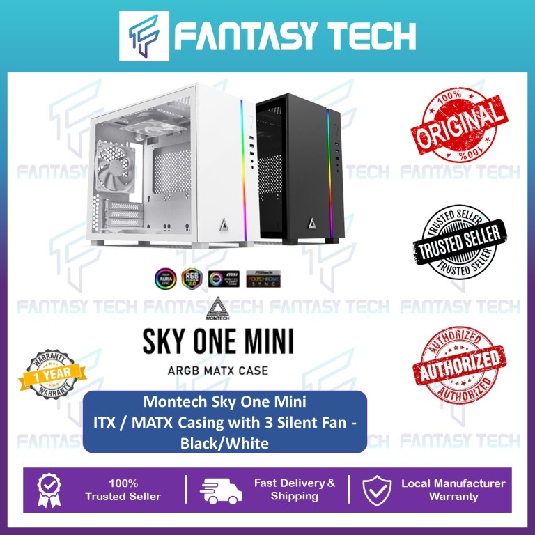 Montech Sky One Mini ITX / MATX Casing with 3 Silent Fan - Black/White ...