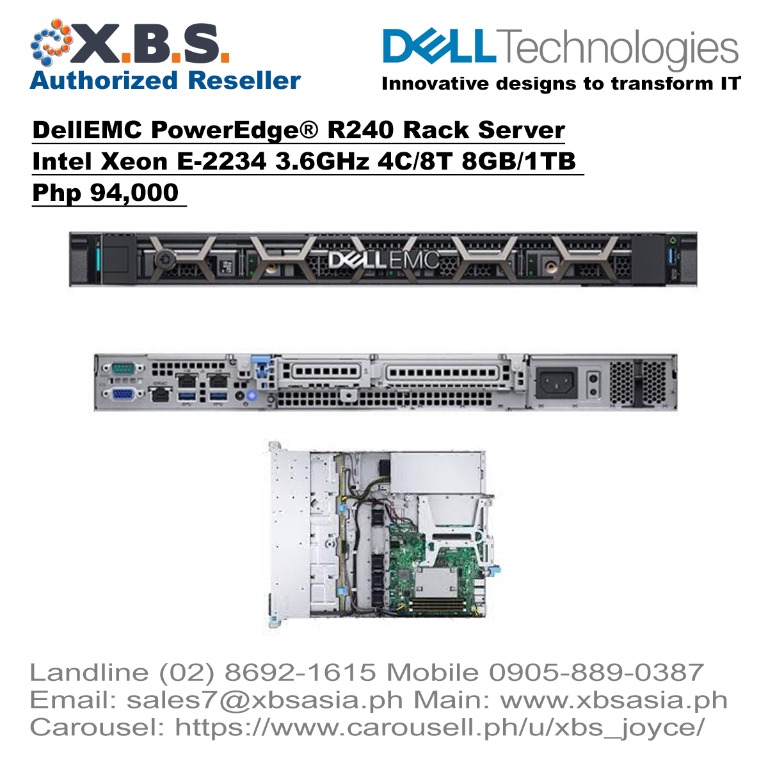 DellEMC PowerEdge R240 Intel Xeon E-2234 3.6GHz 4C/8T 8GB/1TB Rack ...
