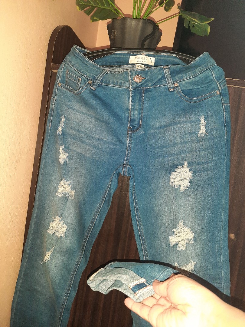Forever 21 Tattered Blue Jeans with Free Longsleeve, Women's Fashion ...