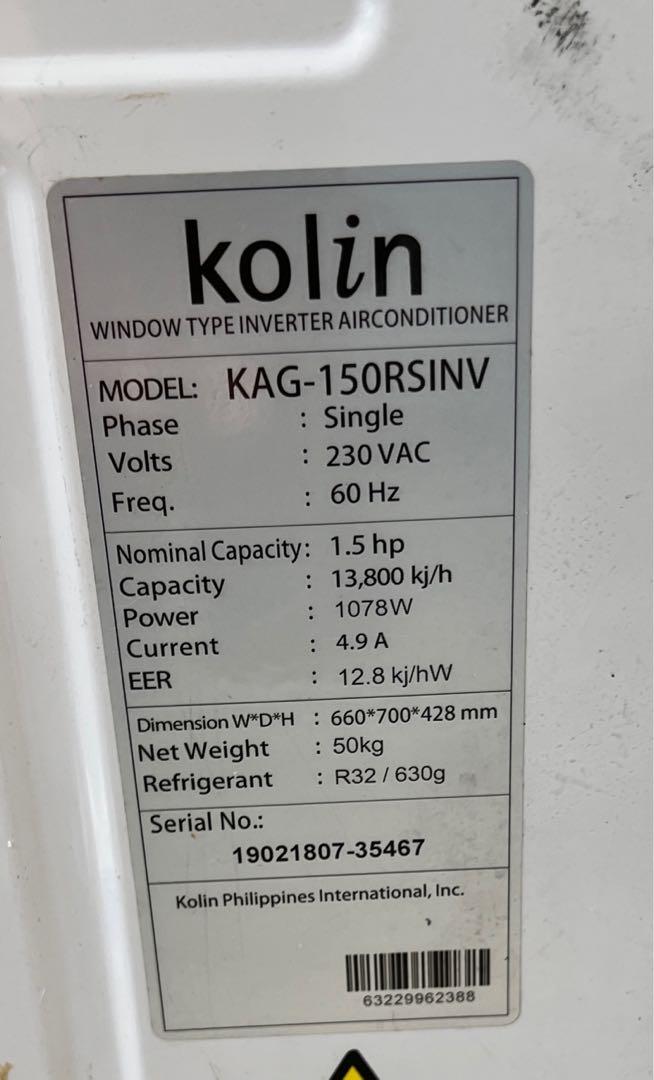 Kolin Window Type Inverter Aircon 1.5hp, TV & Home Appliances, Air ...