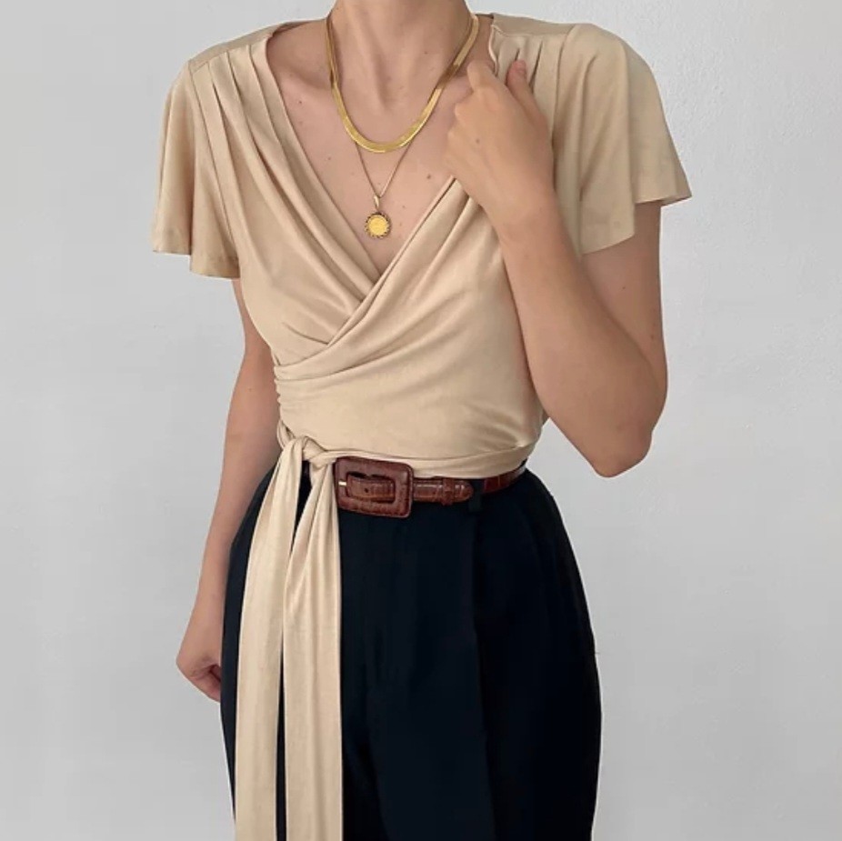 Vintage Ralph Lauren Ecru Silk Versatile Wrap Top, Women's Fashion ...