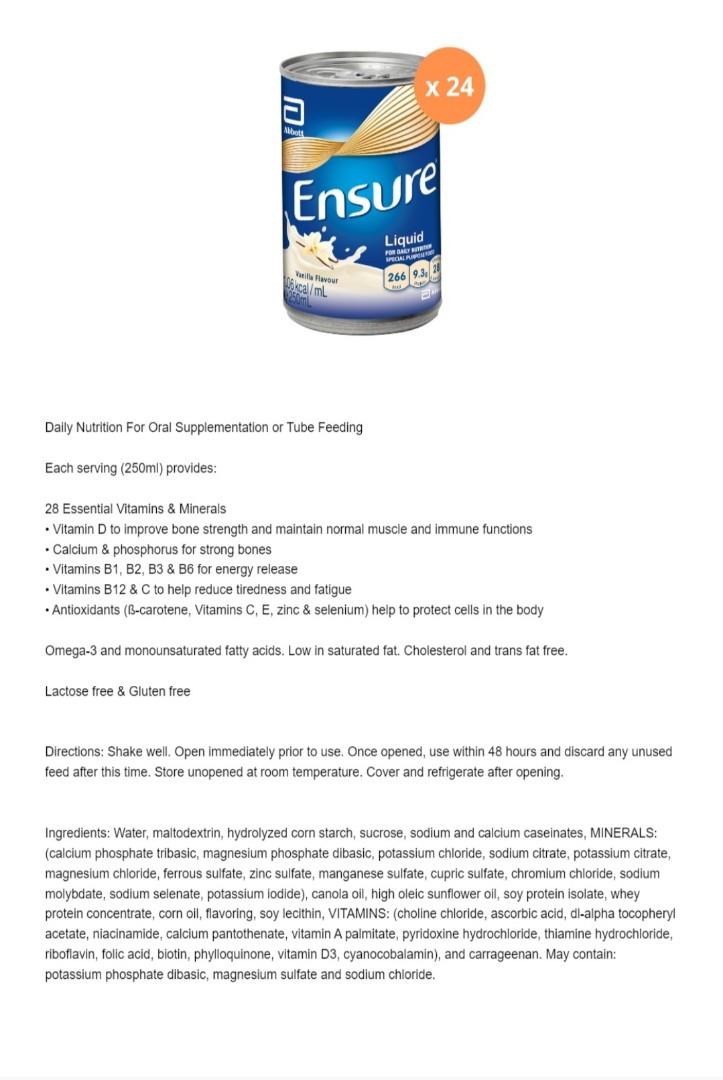 (carton of 24) Ensure liquid vanilla 250mls, Health & Nutrition, Health ...