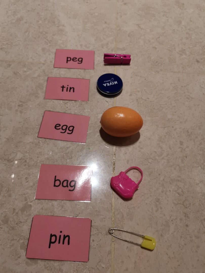 Montessori pink scheme items with word cards, Babies & Kids, Infant ...