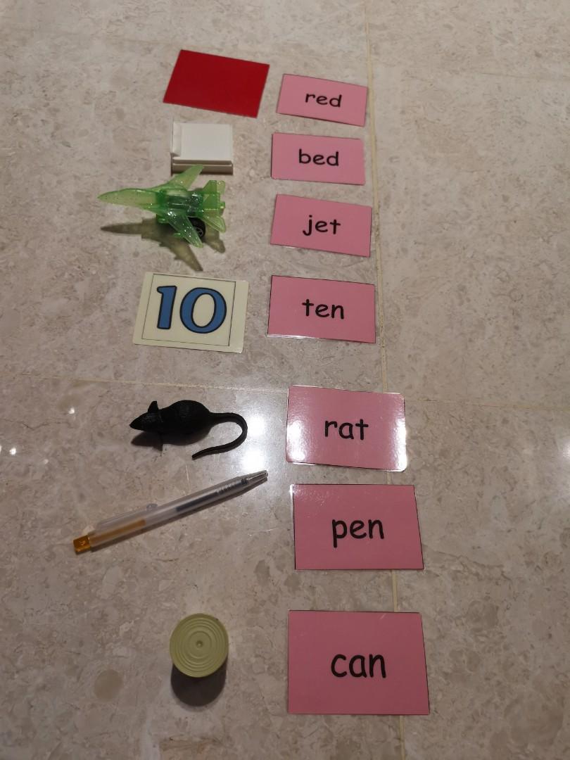 Montessori pink scheme items with word cards, Babies & Kids, Infant ...