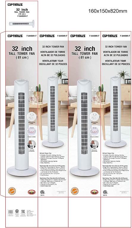 13714) Optimus 32 Inch Tall Tower Fan, White 32-Inch Tower Slim, 3 ...