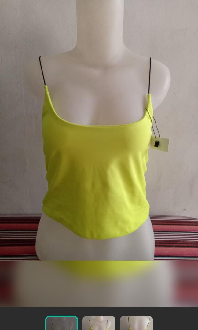 Tanktop tali spageti warna kuning neon model crop, Fesyen Wanita ...