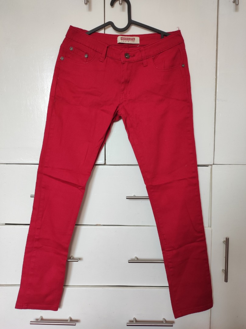 Red denim jeans, Women's Fashion, Bottoms, Jeans on Carousell
