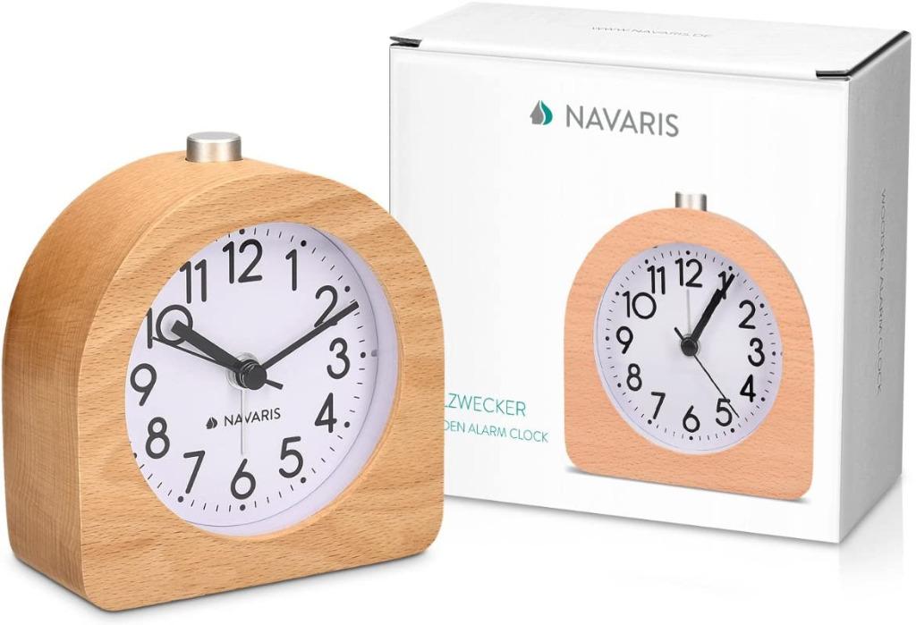 Re-stock! Navaris Analogue Wooden Alarm Clock - Retro Table Clock with ...