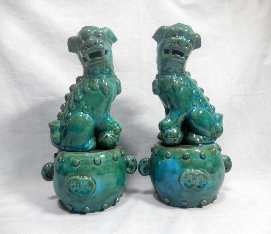 Vintage porcelain foo fu dogs pair turquoise blue drum circa mid 20th ...