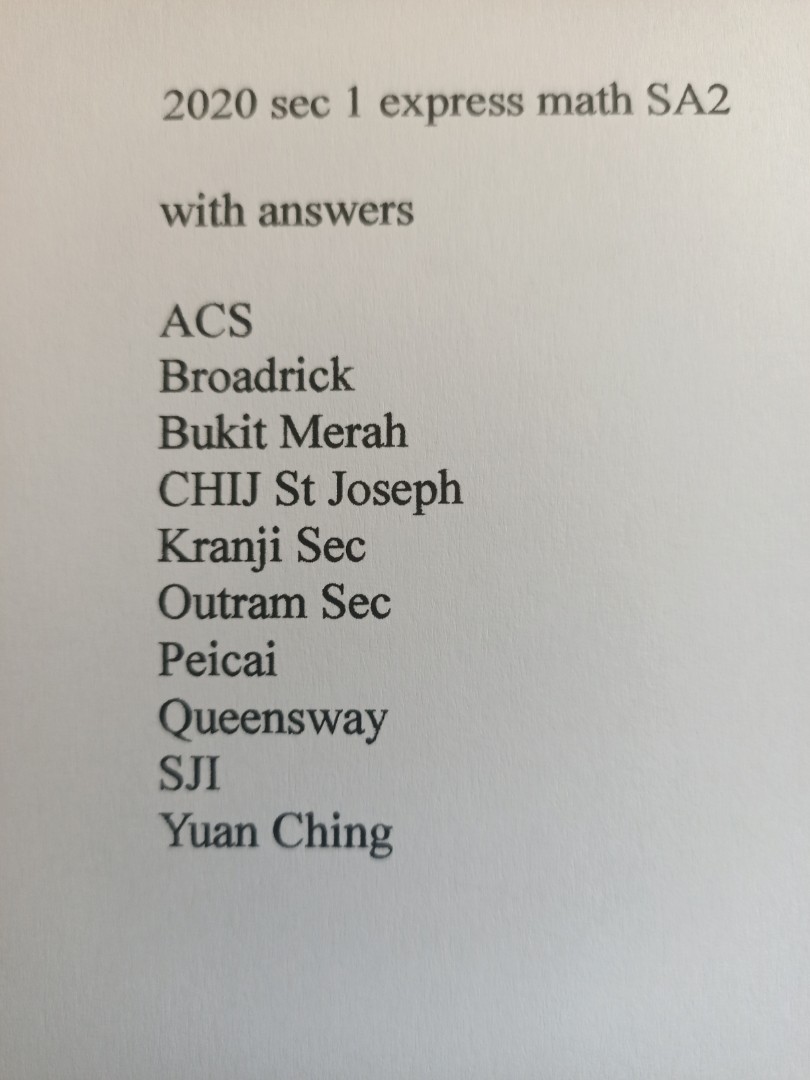 2020 sec 1 express math SA2 exam papers, Everything Else on Carousell