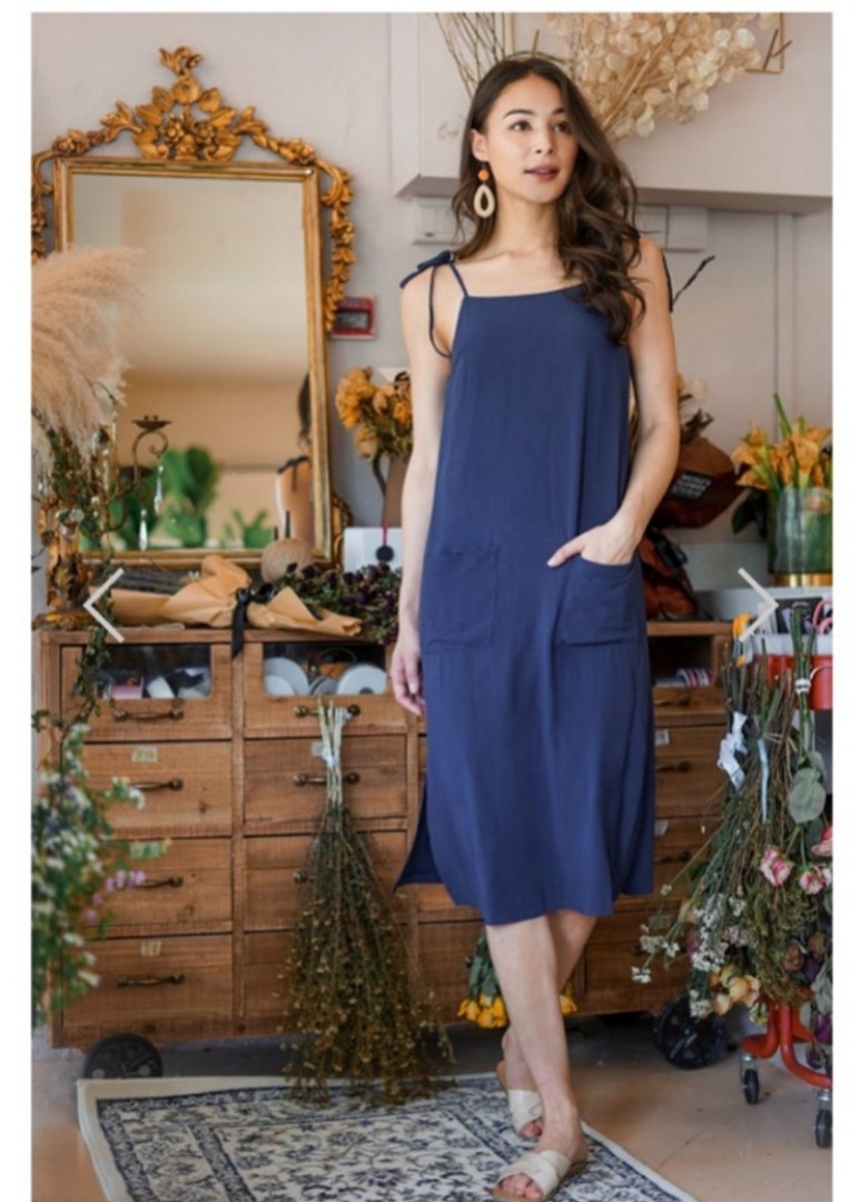 DORCAS LINEN TIE-STRING POCKET MIDI DRESS #MADEBYLOVET (NAVY), Women's ...