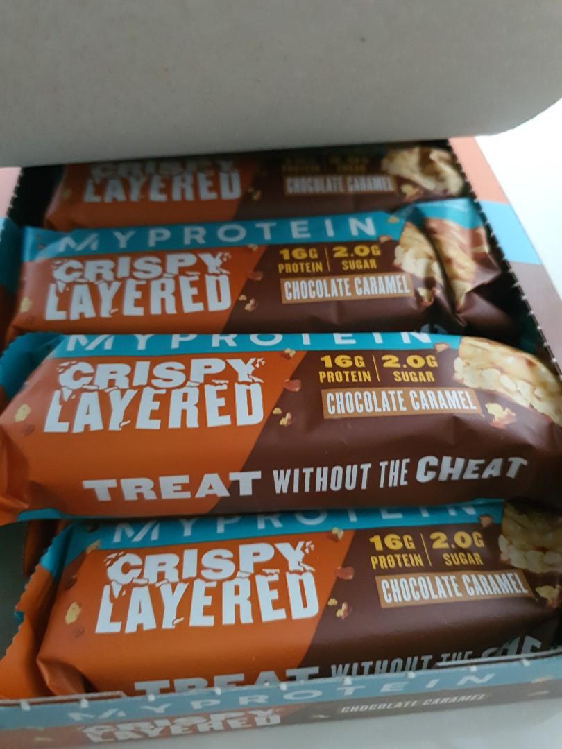 Myprotein crispy layered chocolate caramel, Health & Nutrition, Health ...