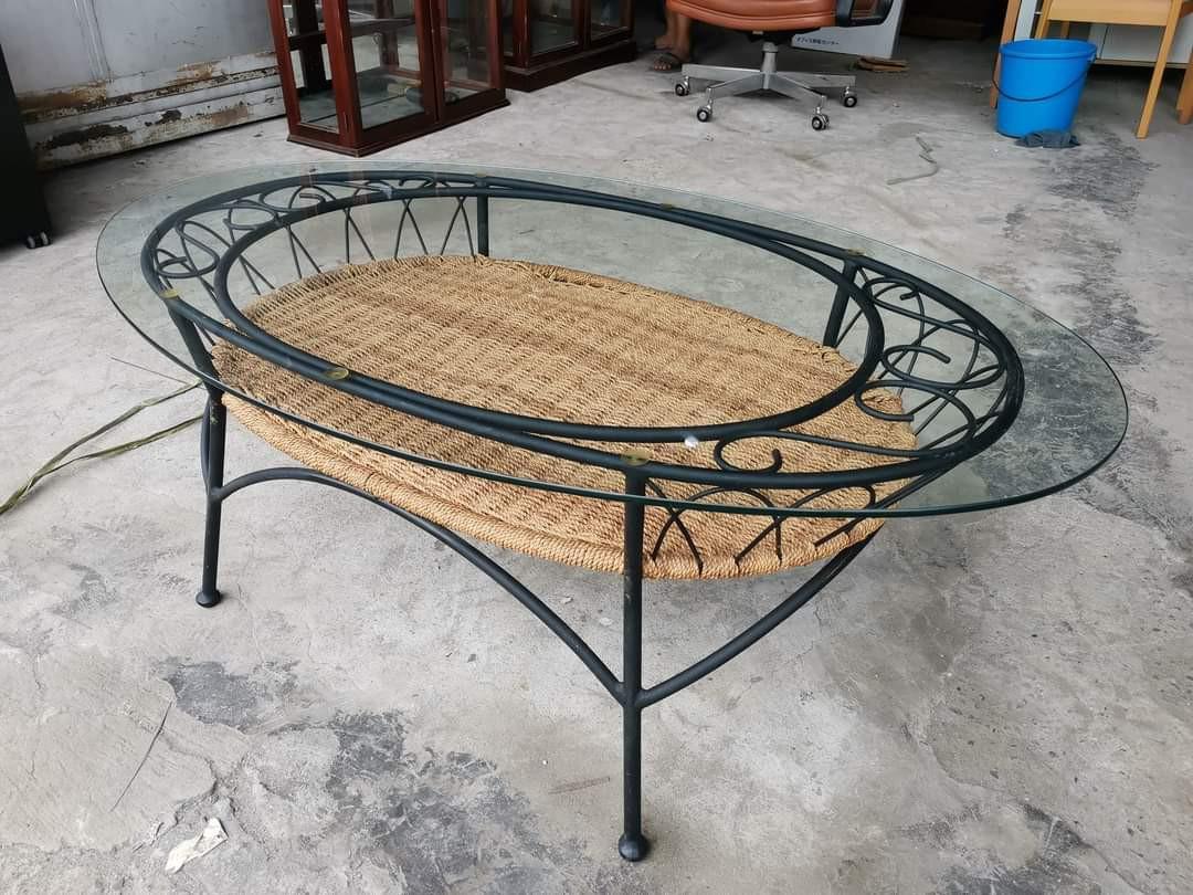 RATTAN CENTER TABLE 46L x 28W x 17H inches Thick glass top Steel frame ...