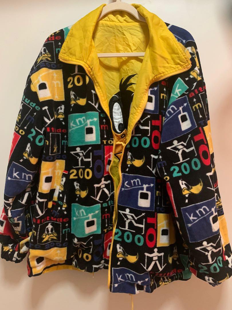 Vintage Daffy Duck Yellow Printed Reversible Puffer Racing Jacket, Men ...