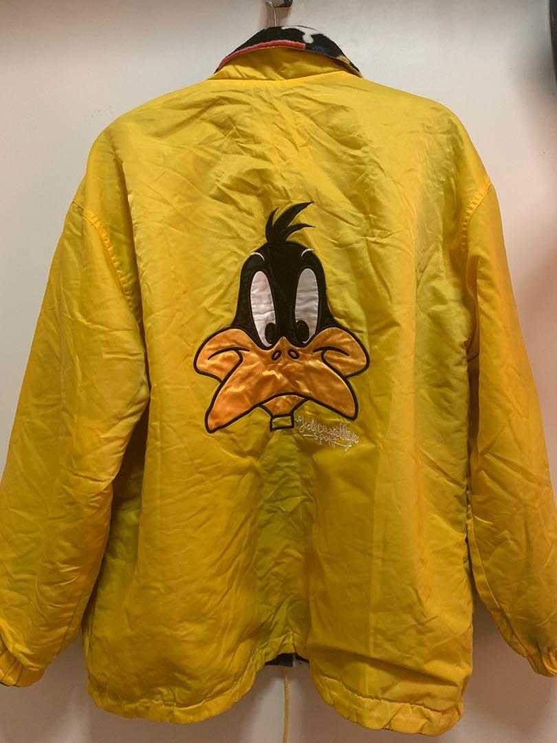 Vintage Daffy Duck Yellow Printed Reversible Puffer Racing Jacket, Men ...