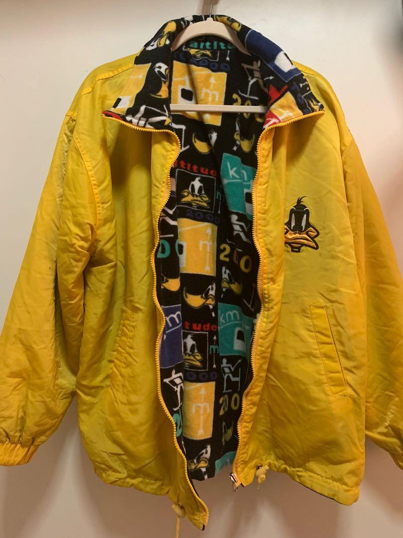 Vintage Daffy Duck Yellow Printed Reversible Puffer Racing Jacket, Men ...
