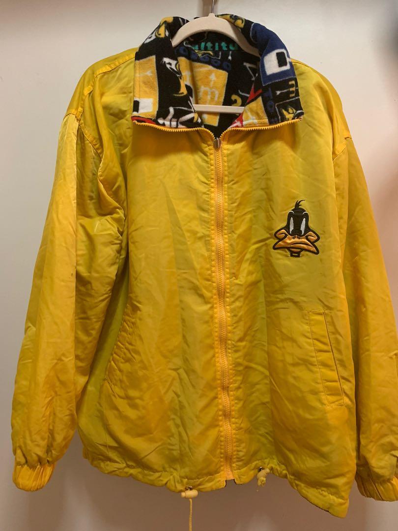 Vintage Daffy Duck Yellow Printed Reversible Puffer Racing Jacket, Men ...