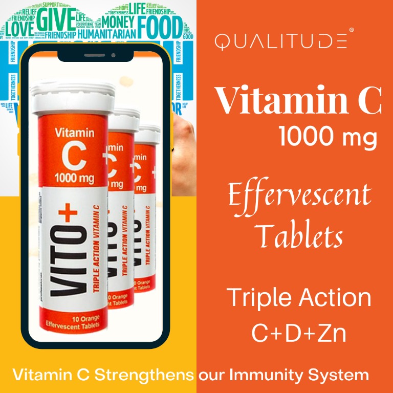 VITO+ Vitamin C 1000mg Effervescent Tablets Triple Action C+D+Zn ...