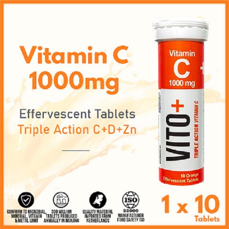 VITO+ Vitamin C 1000mg Effervescent Tablets Triple Action C+D+Zn ...