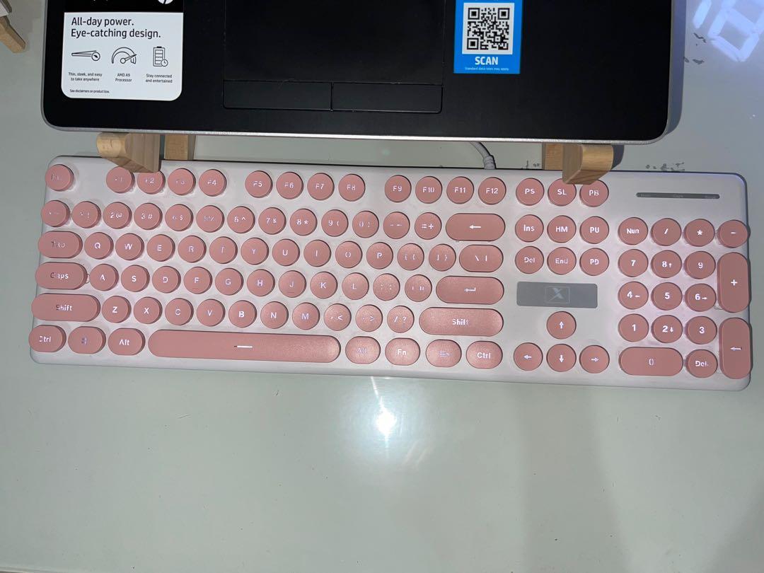 Wired keyboard round elevated keys light pink with dimmable built in ...