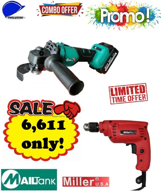 Mailtank Cordless Angle Grinder 21 Volts & Miller Electric Drill 10mm ...