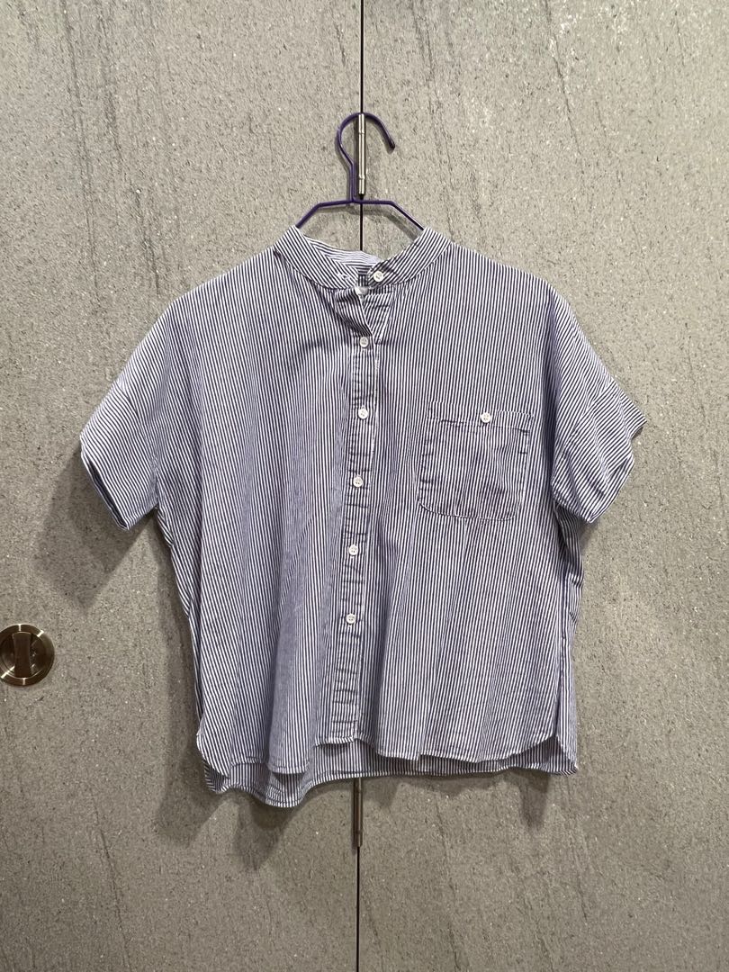 TEM Stripe Stand Collar Shirt, Women's Fashion, Tops, Shirts on Carousell