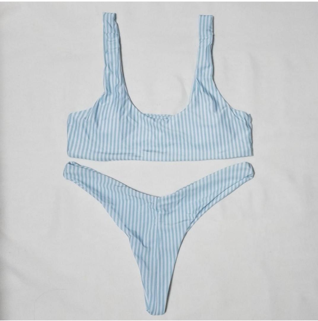 Baby blue striped bikini set, Women's Fashion, Swimwear, Bikinis ...