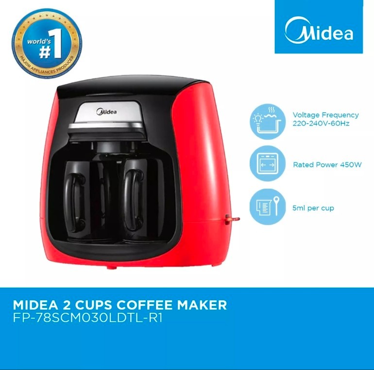 Midea black and red coffee maker with 2 Cups Capacity and 60Hz Voltage ...