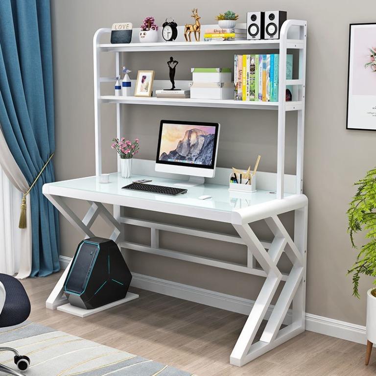 Modern Tempered Glass Computer Table Study Desk With Bookshelf Office ...