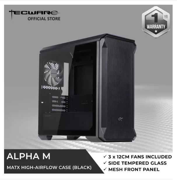 Tecware Alpha M TG Case, 3 x 120mm Fan Included (2 colour options ...
