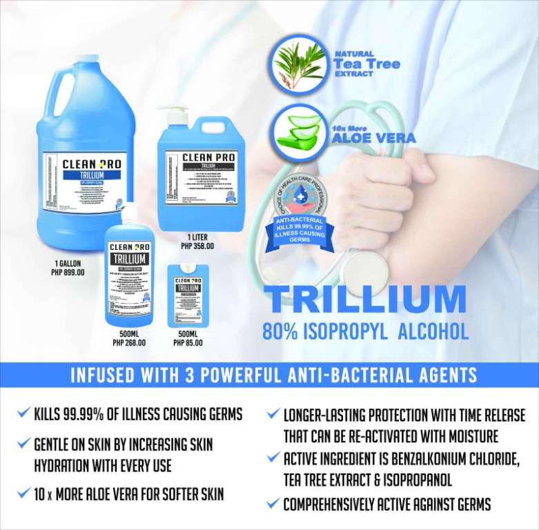 Clean Pro Trillium 80% Isopropyl Alcohol 1 Liter, Beauty & Personal ...