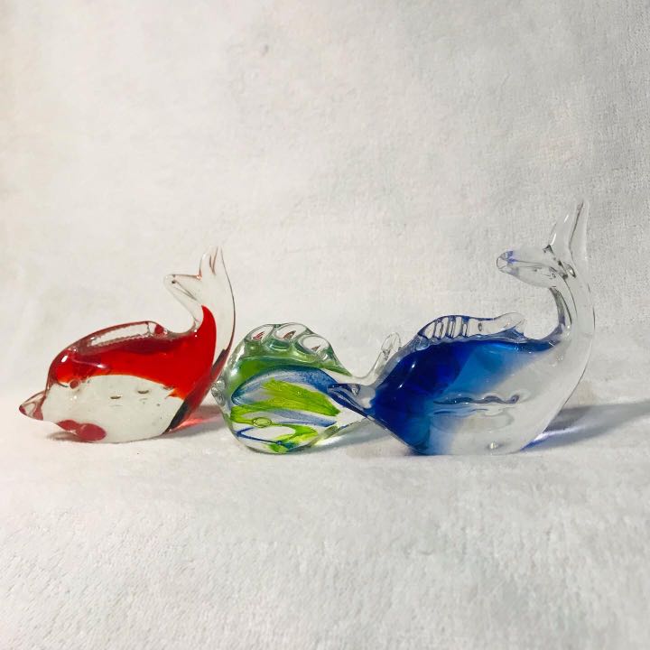 Lovely Trio Multicolored Glass Fish Display, Furniture & Home Living ...