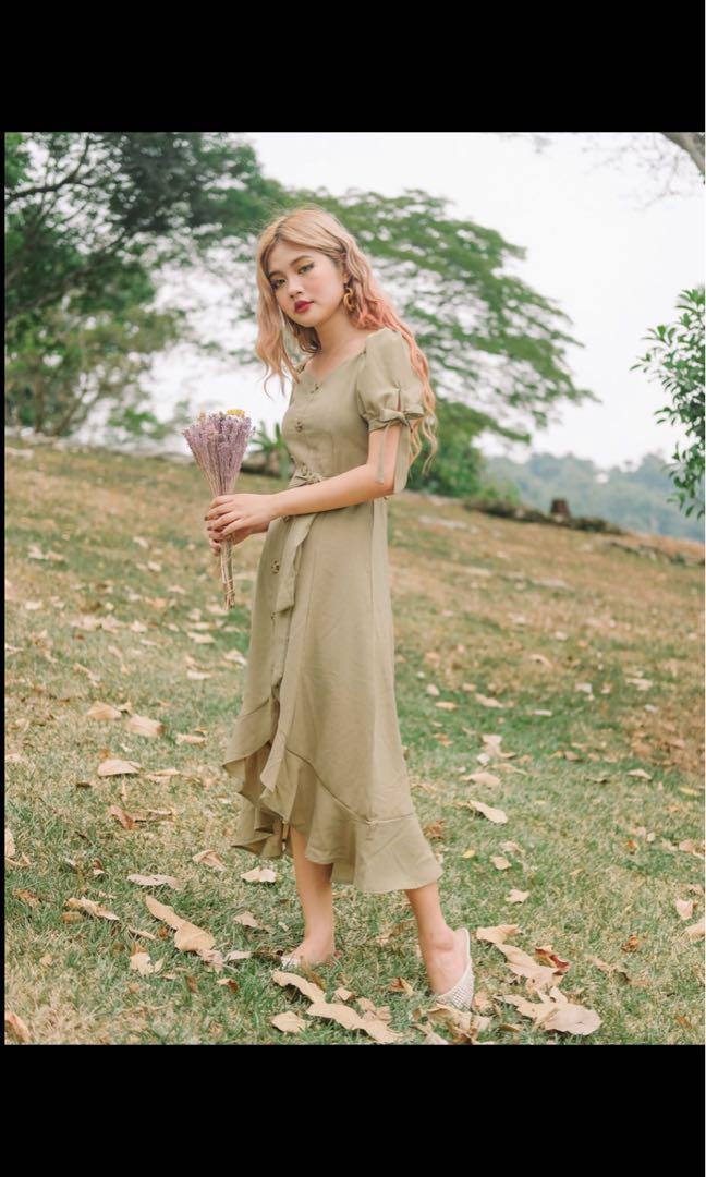 MFW Rosalie Button Midi Dress in Khaki, Women's Fashion, Dresses & Sets ...