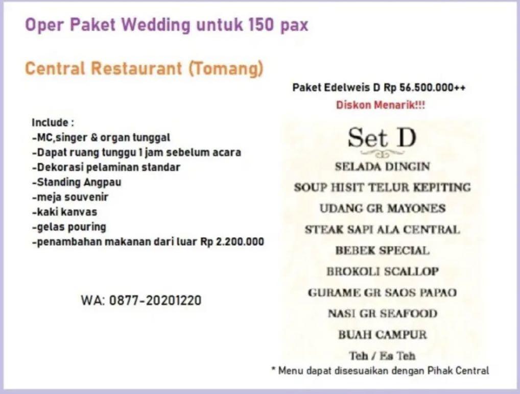 Oper paket pernikahan wedding Central restaurant tomang package makan ...