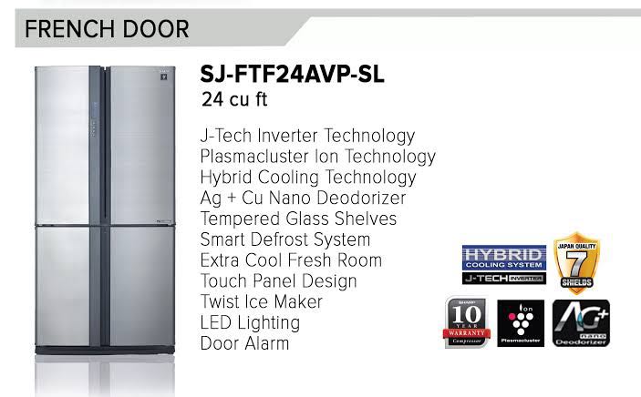 SHARP FRENCH DOOR J-TECH INVERTER REFRIGERATOR SJ-FTF24AVP-SL 24cuft ...