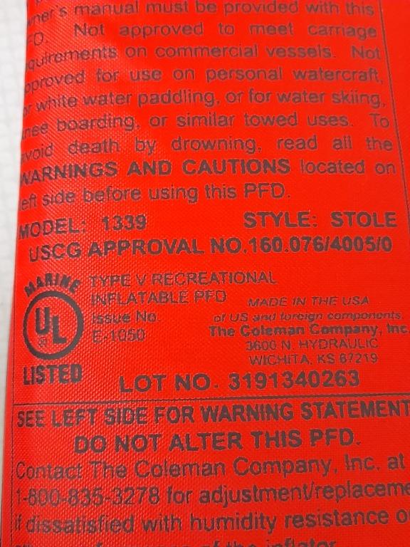 USCG approved type V recreational inflatable PFD, Sports Equipment ...