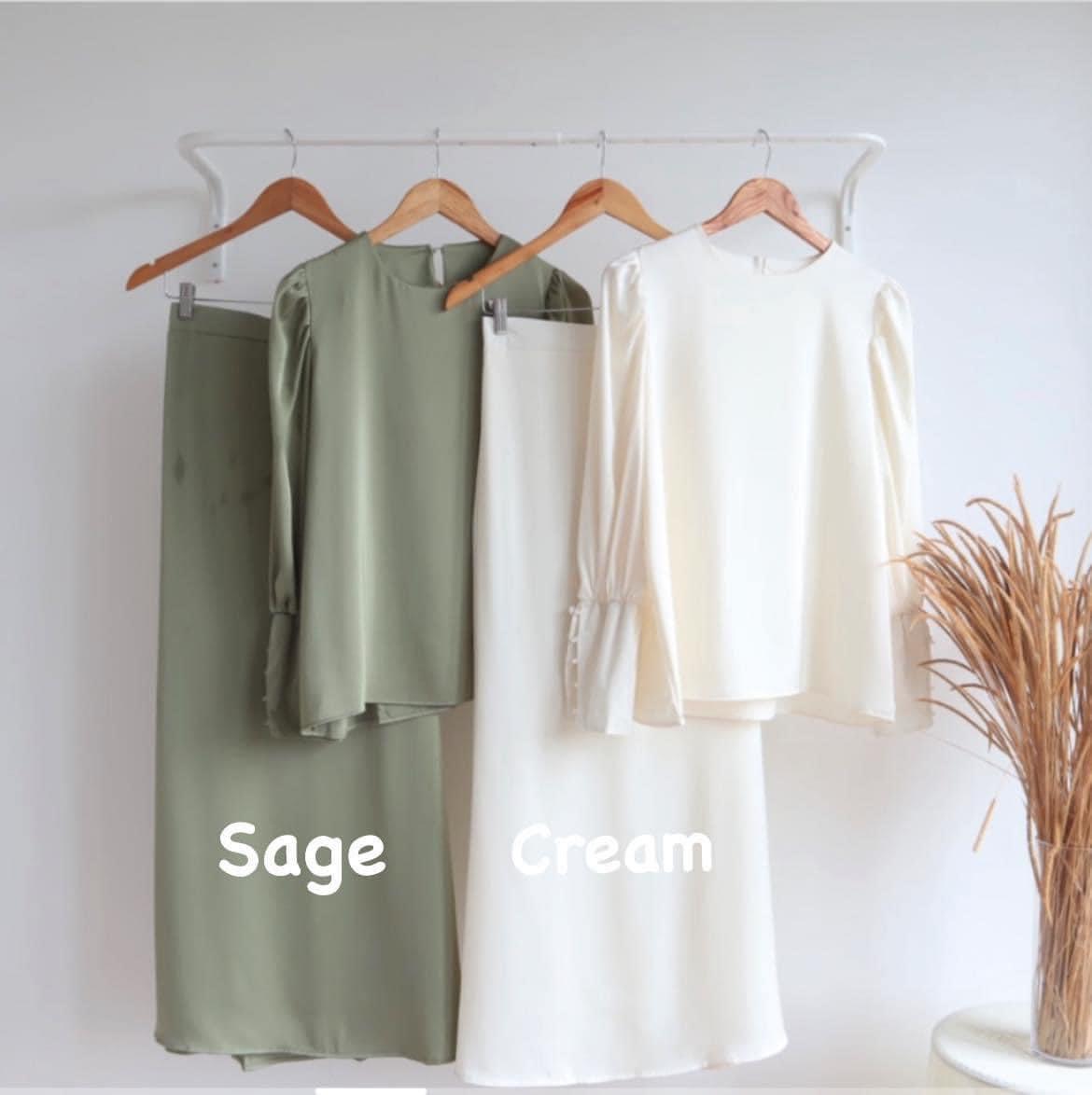 Satin Silk Baju Raya Skirt Set in Cream, Women's Fashion, Muslimah ...