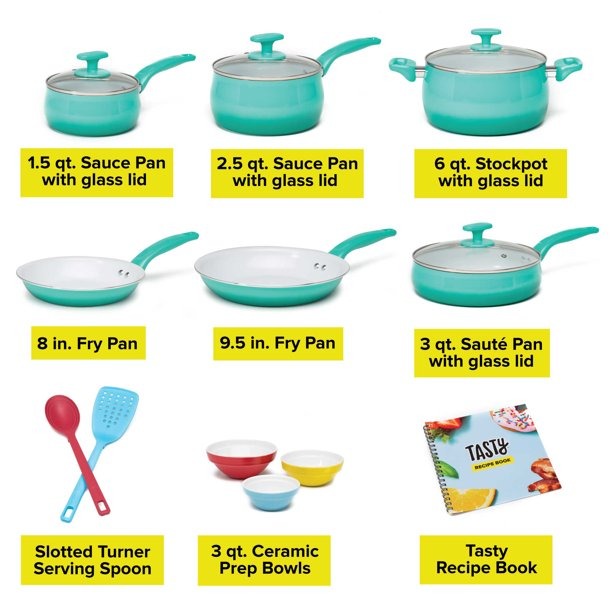 Tasty Ceramic Titanium-Reinforced Cookware Set, Ombre Green, 16 Piece ...