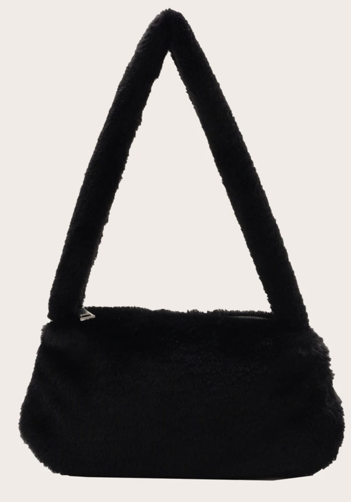 Black Fluffy Shoulder Bag, Women's Fashion, Bags & Wallets, Shoulder ...