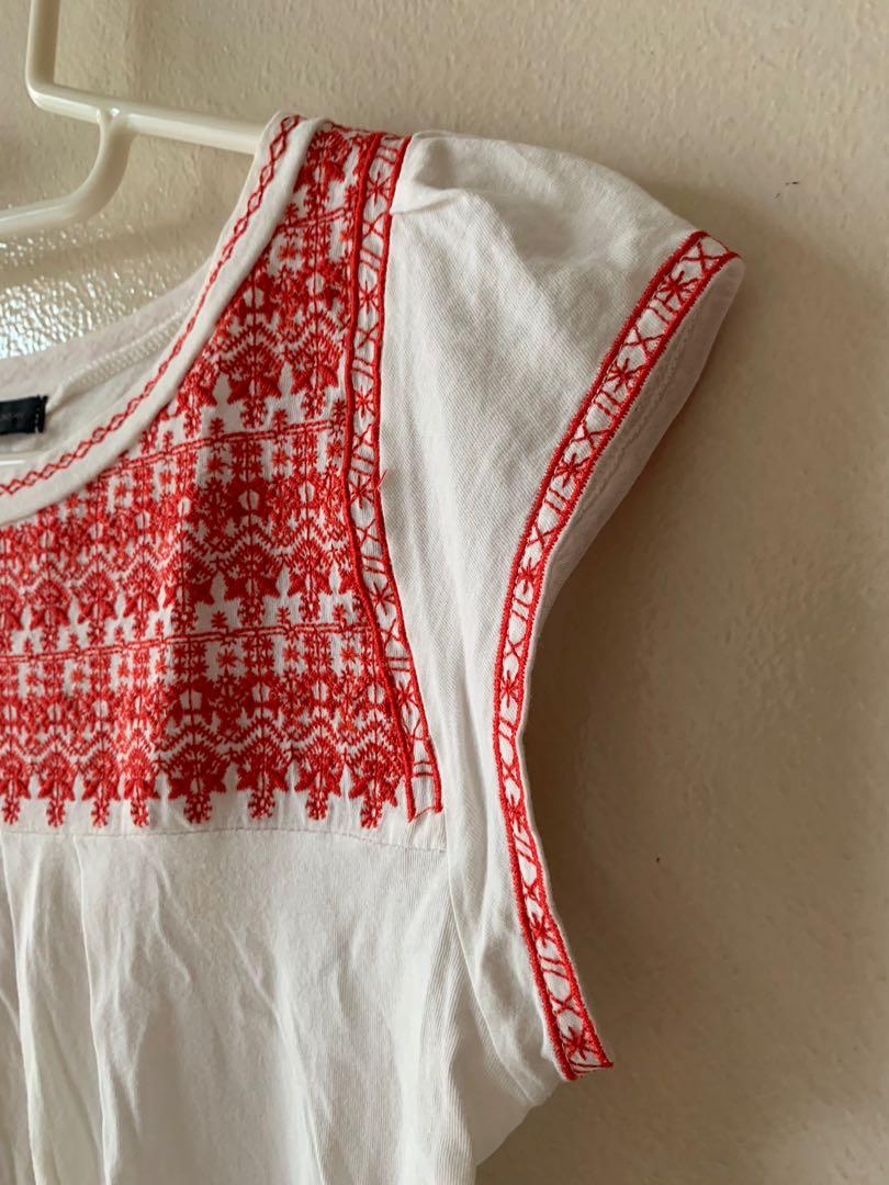 Mango Red & White Ethnic Pattern Embro Top, Women's Fashion, Tops ...