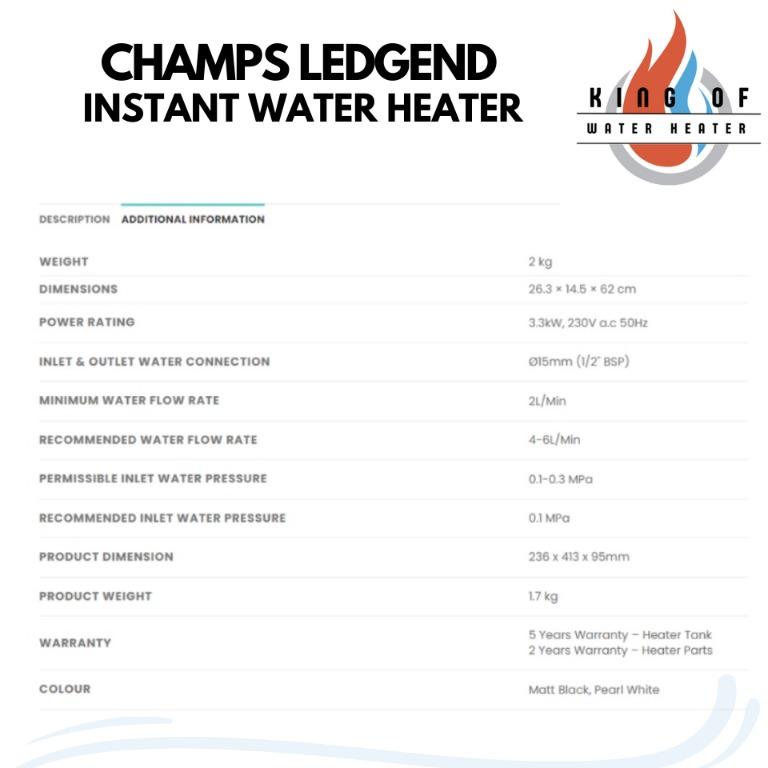 Champs Legend Instant Heater With Rain shower & DC Booster Pump/Water ...