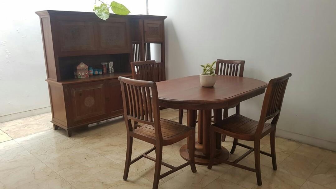 Meja Makan Oval + 4 Kursi Kayu Jati Asli ukuran 155x100x78, Perabotan ...