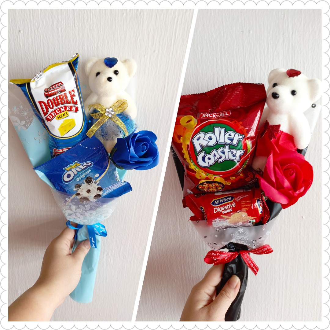 Mini Snacks Bouquet with Bear & Soap Rose, Hobbies & Toys, Stationery ...
