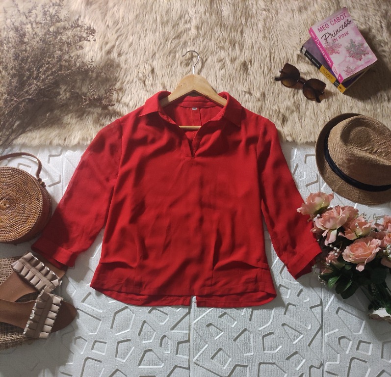 Red Dainty Korean Collared Top, Women's Fashion, Tops, Blouses on Carousell