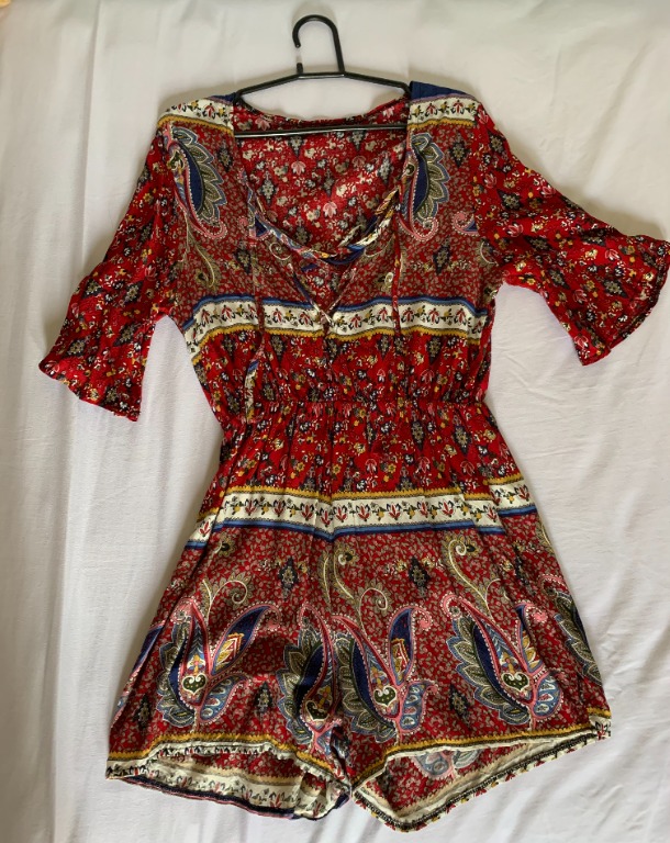 Boho aesthetic Coachella-inspired Romper (Red), Women's Fashion ...