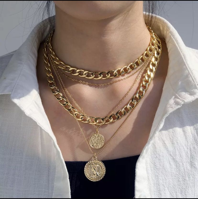 Double coin multilayer gold necklace, Women's Fashion, Jewelry ...