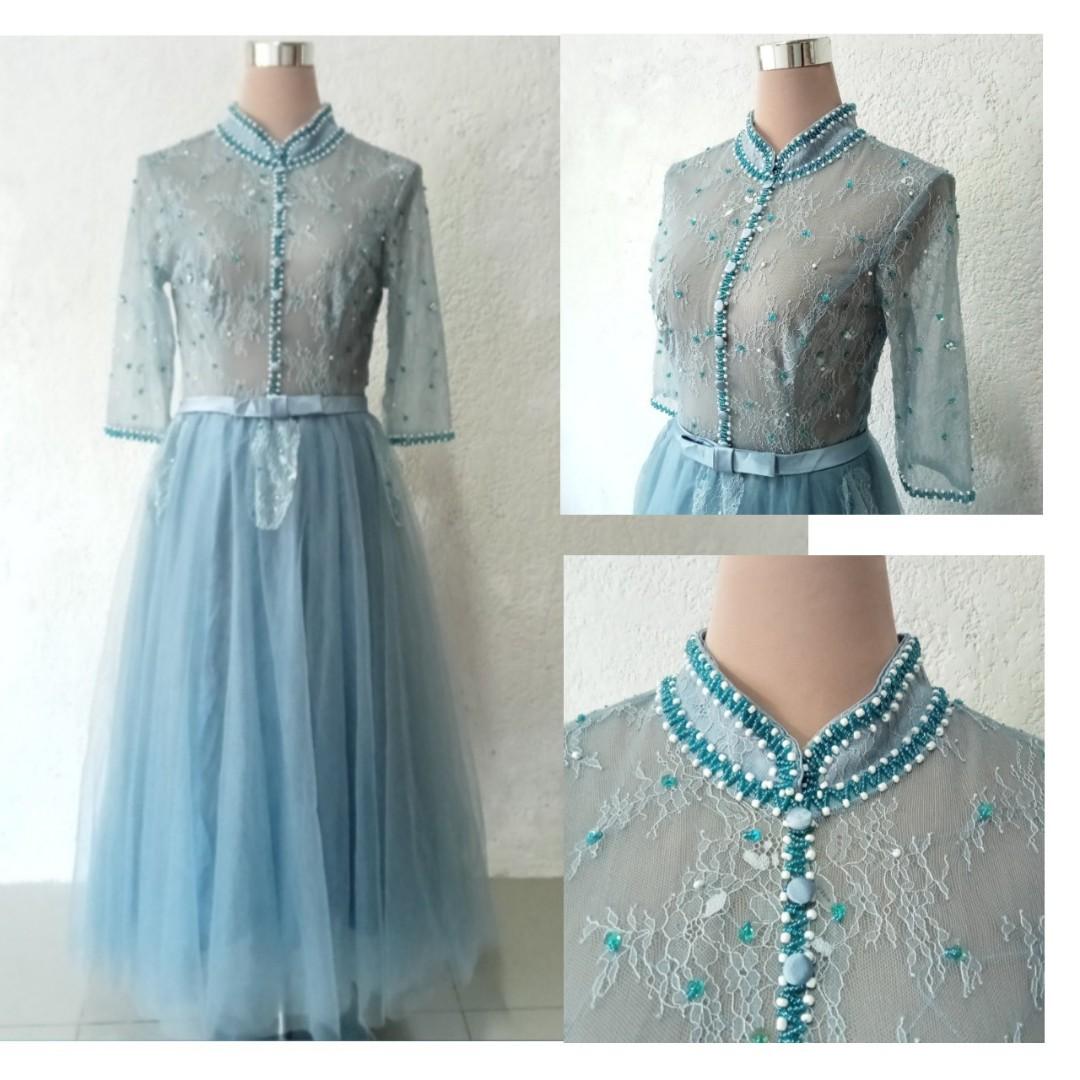 Dusty blue gown long gown high neck gown formal gown prenup gown ...