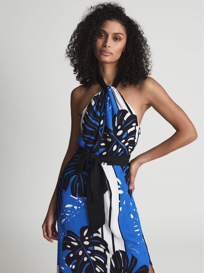 REISS Erin palm halter maxi dress, black blue, Women's Fashion, Dresses ...