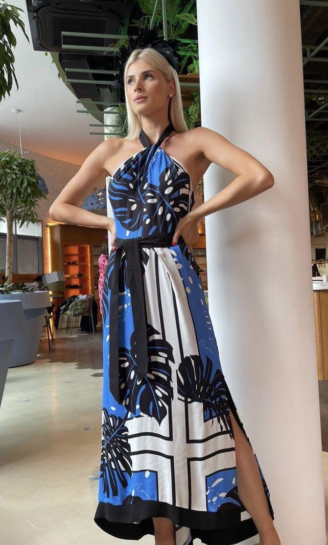REISS Erin palm halter maxi dress, black blue, Women's Fashion, Dresses ...