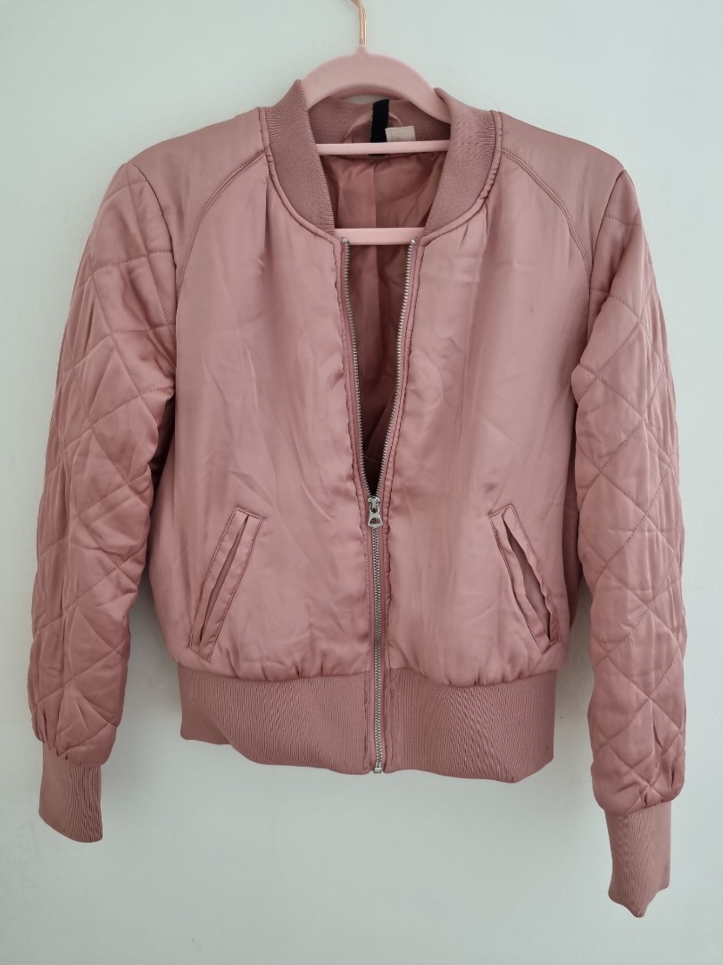 Blush Pink Satin H&M Bomber Jacket, Women's Fashion, Coats, Jackets and Outerwear on Carousell